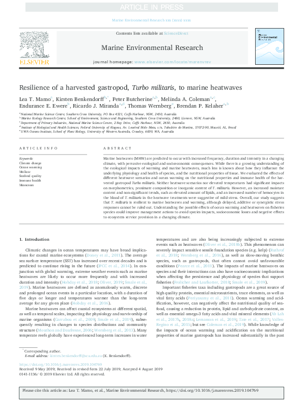 (PDF) Resilience of a harvested gastropod, Turbo militaris, to marine ...