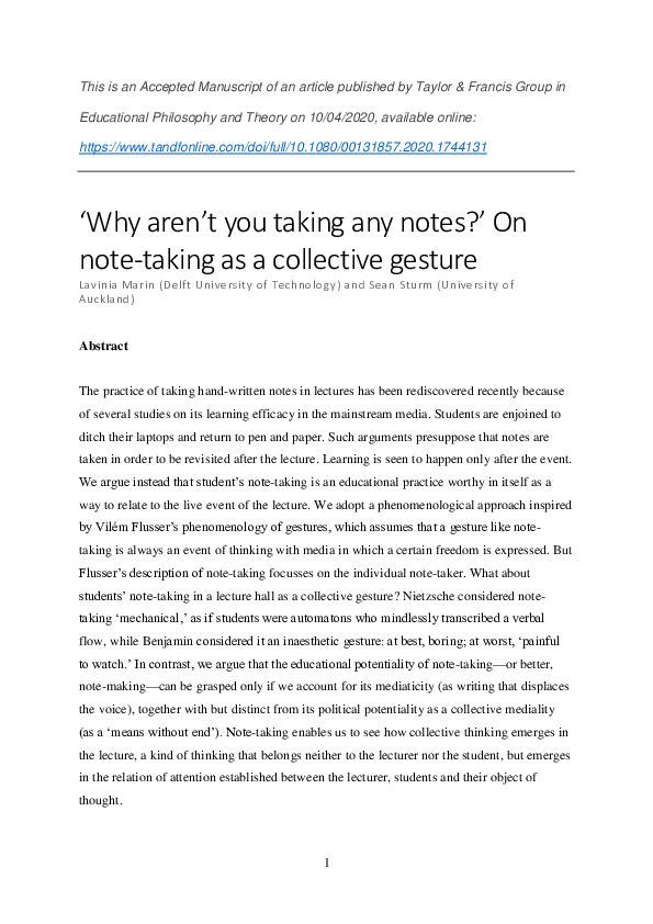 (PDF) ‘Why aren’t you taking any notes?’ On note-taking as a collective ...