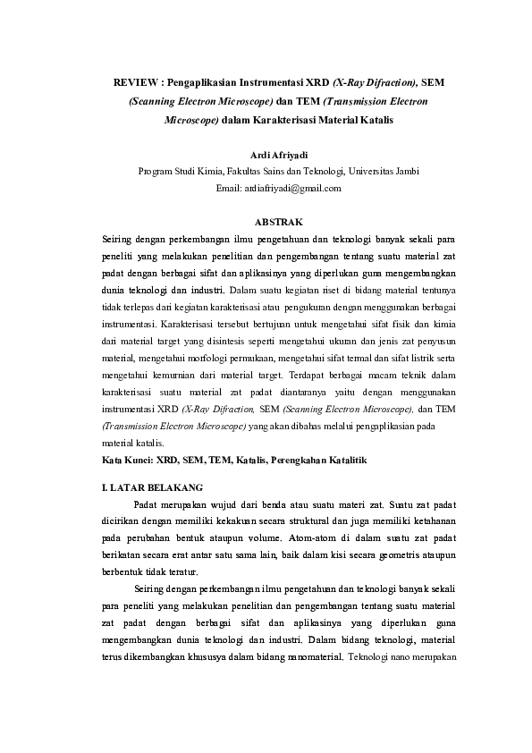 (DOC) REVIEW Pengaplikasian Instrumentasi XRD, SEM dan TEM dalam ...