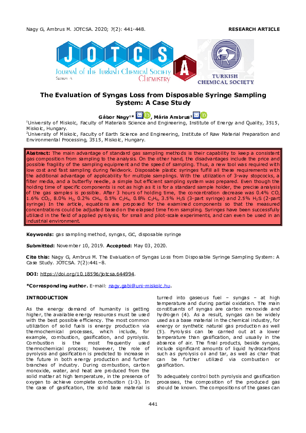 (PDF) The Evaluation of Syngas Loss from Disposable Syringe Sampling ...
