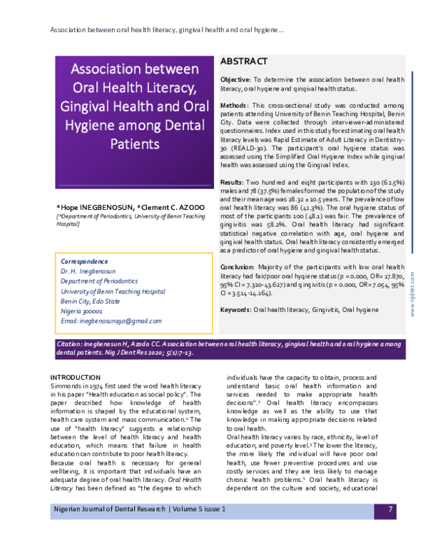 (PDF) Association between Oral Health Literacy, Gingival Health and ...