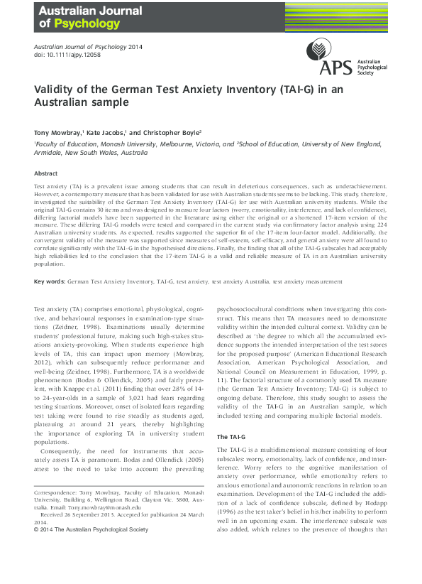 (PDF) Validity of the German Test Anxiety Inventory (TAI-G) in an ...