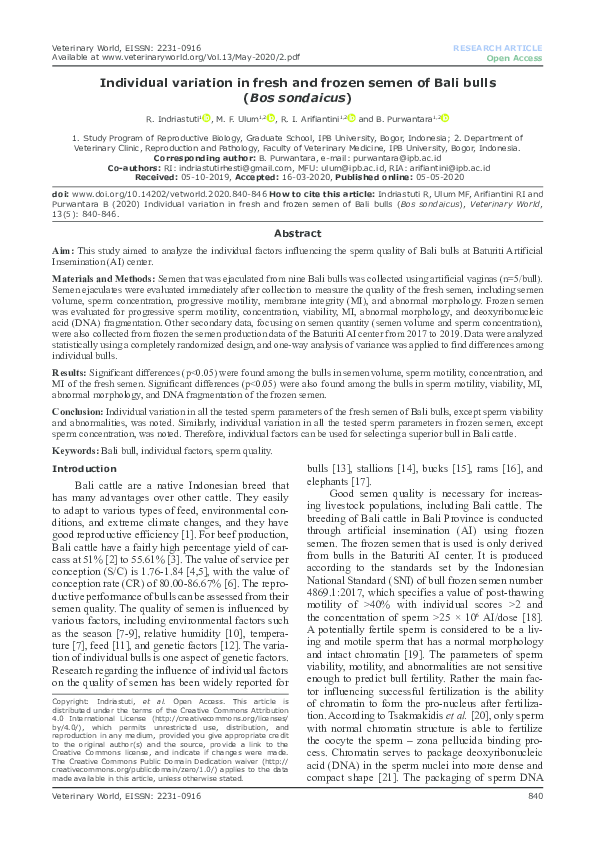 (PDF) Individual variation in fresh and frozen semen of Bali bulls (Bos sondaicus)