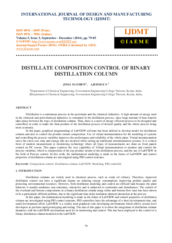 Distillate Composition Control Of Binary Distillation Column