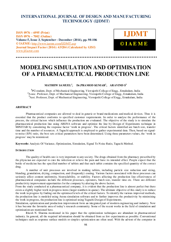 (PDF) MODELING SIMULATION AND OPTIMISATION OF A PHARMACEUTICAL ...