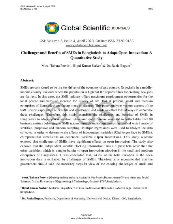 (PDF) Challenges and Benefits of SMEs in Bangladesh to Adopt Open ...
