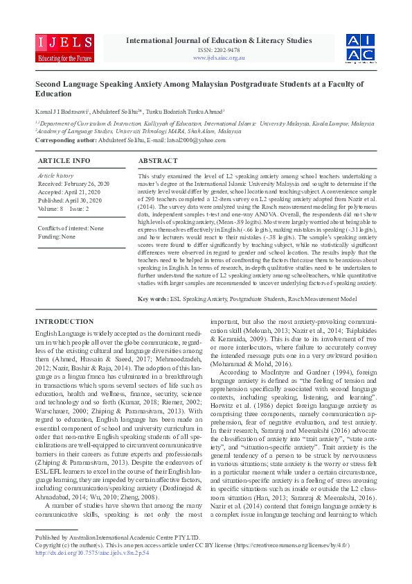 (PDF) Second Language Speaking Anxiety Among Malaysian Postgraduate ...
