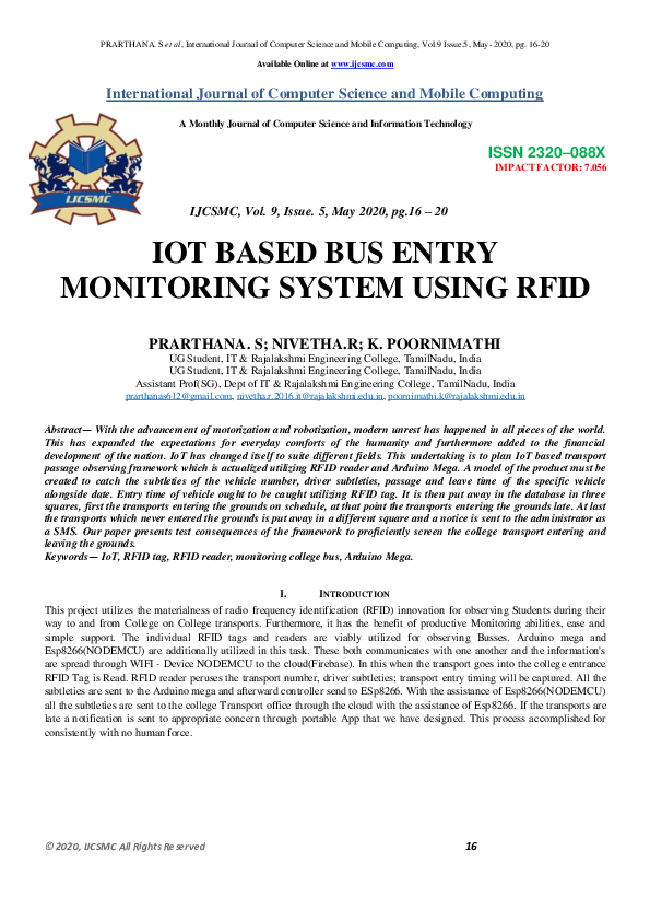 (PDF) IOT BASED BUS ENTRY MONITORING SYSTEM USING RFID﻿ | IJCSMC Journal - Academia.edu