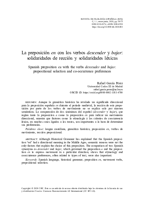 (PDF) La preposición "en" con los verbos "descender" y "bajar ...