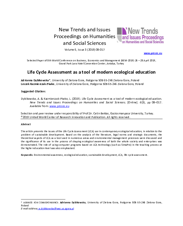 (PDF) Life Cycle Assessment as a tool of modern ecological education