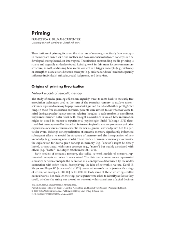 (PDF) Priming (International Encyclopedia of Media Effects)