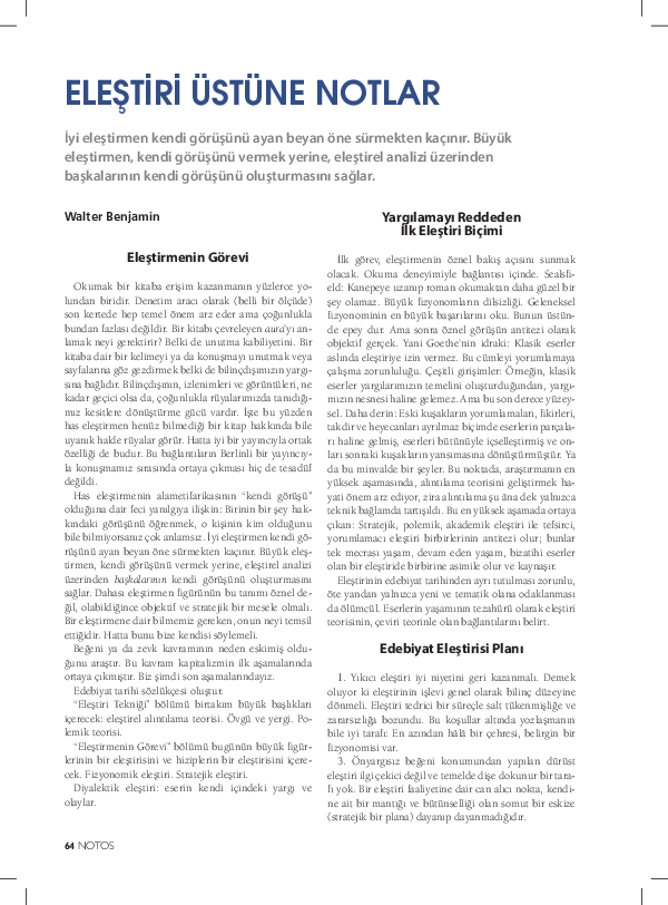 (PDF) Walter Benjamin - Eleştiri Üstüne Notlar (Notos 59)
