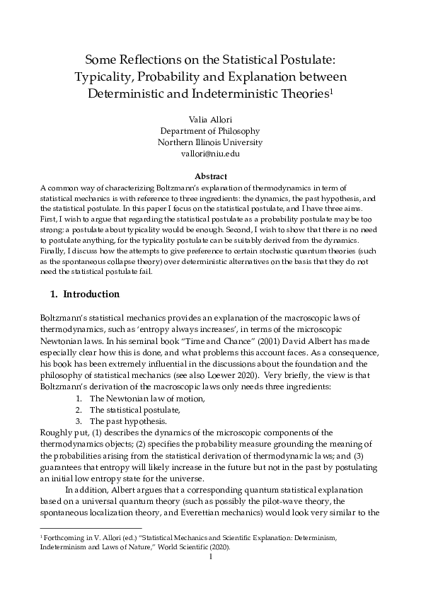 (PDF) Some Reflections on the Statistical Postulate: Typicality, Probability and Explanation ...