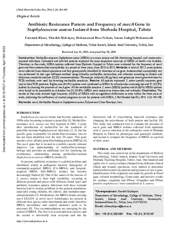 Pdf Antibiotic Resistance Pattern And Frequency Of Meca Gene In Staphylococcus Aureus Isolated