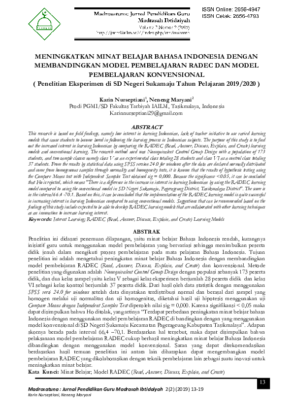 (PDF) Model Pembelajaran RADEC dan Model Pembelajaran Konvensional