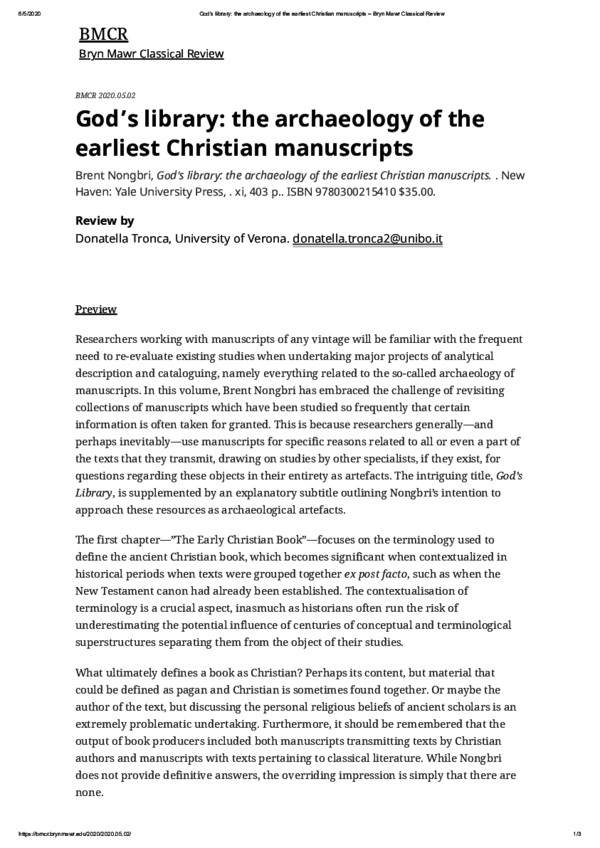 (PDF) Tronca on Nongbri, God's library: the archaeology of the earliest ...