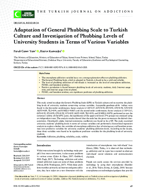 Pdf Adaptation Of General Phubbing Scale To Turkish Culture And Investigation Of Phubbing