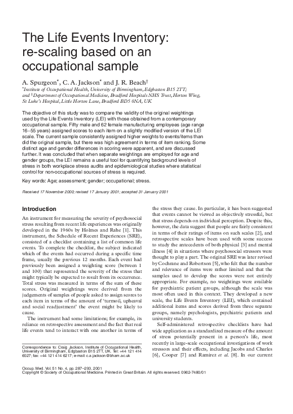 (PDF) The Life Events Inventory: re-scaling based on an occupational sample