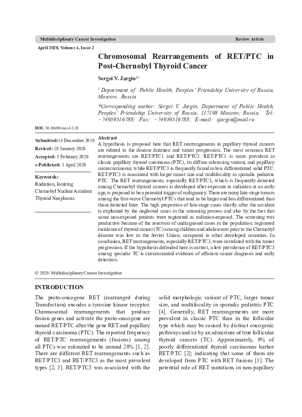 (PDF) Chromosomal rearrangements of RET/PTC in post-Chernobyl thyroid ...
