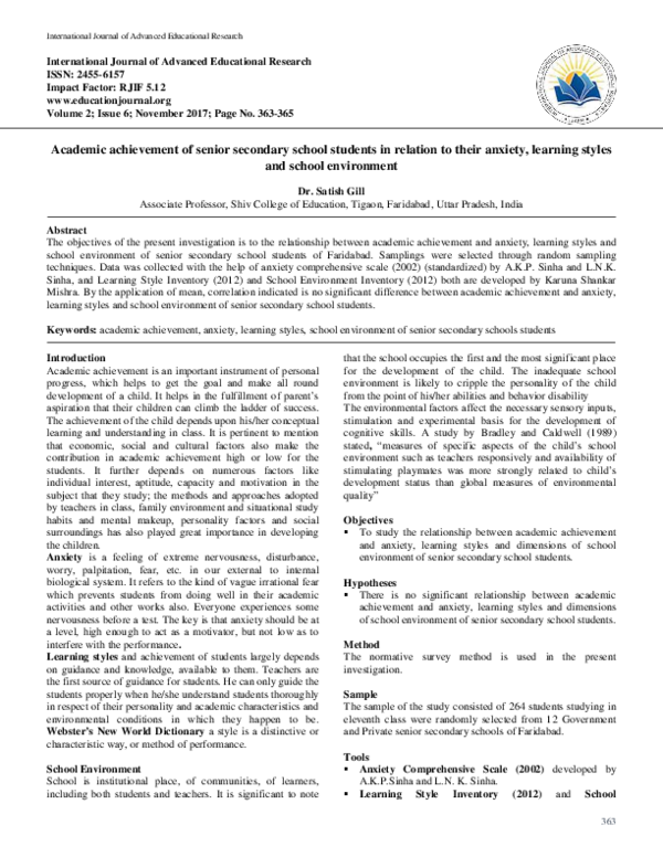 (PDF) Academic achievement of senior secondary school students in relation to their anxiety ...