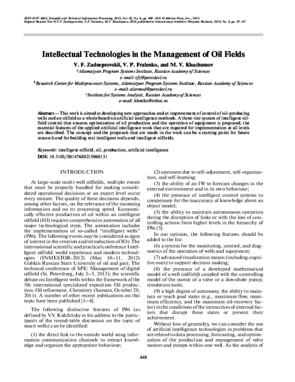 (PDF) Intelligent technologies in the management of oil field ...