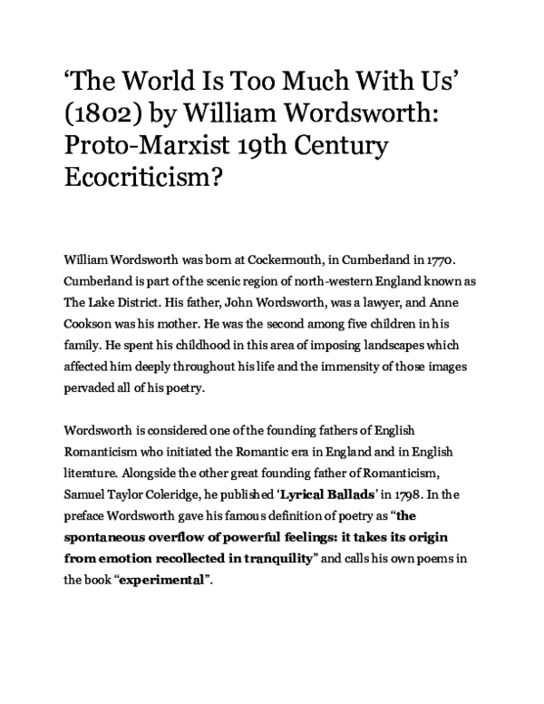 (DOC) ‘The World Is Too Much With Us’ (1802) by William Wordsworth ...