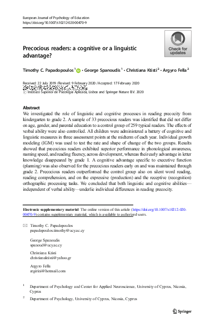 (PDF) Precocious readers: a cognitive or a linguistic advantage