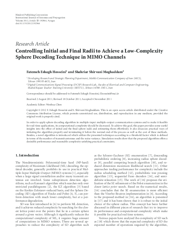 (PDF) Controlling Initial and Final Radii to Achieve a Low-Complexity Sphere Decoding Technique ...