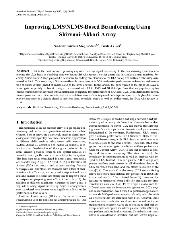 (PDF) Improving LMS/NLMS-Based Beamforming Using Shirvani-Akbari Array