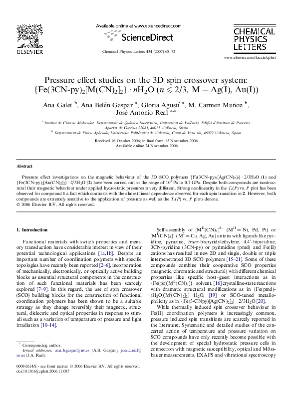 (PDF) Pressure effect studies on the 3D spin crossover system: {Fe(3CN ...
