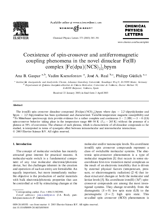 (PDF) Coexistence of spin-crossover and antiferromagnetic coupling phenomena in the novel ...