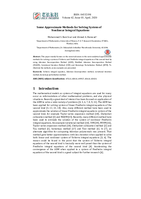 (PDF) Some Approximate Methods for Solving System of Nonlinear Integral ... (PDF) Some Approximate Methods for Solving System of Nonlinear Integral ...