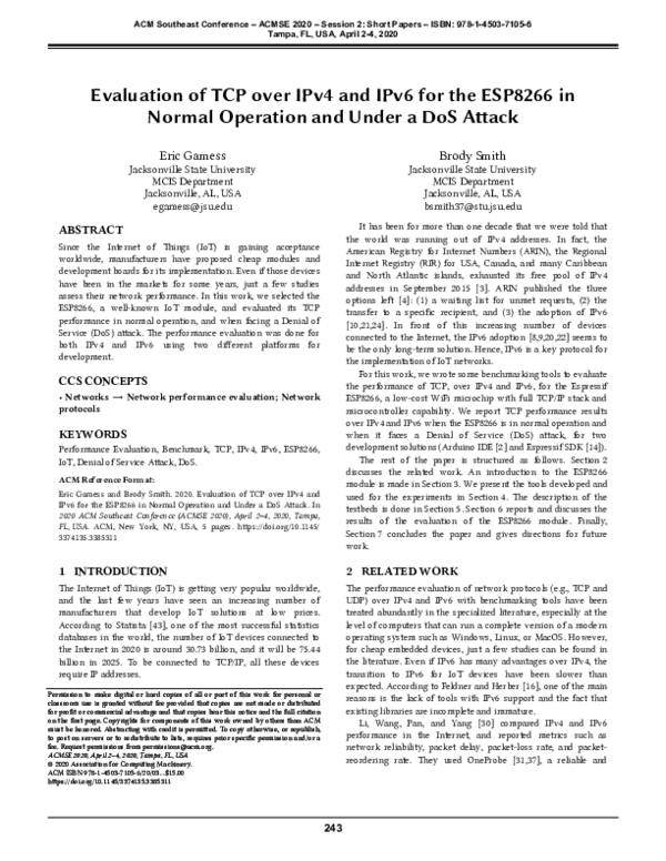 (PDF) Evaluation of TCP over IPv4 and IPv6 for the ESP8266 in Normal ...