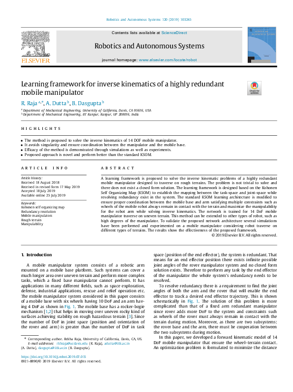 (PDF) Learning framework for inverse kinematics of a highly redundant mobile manipulator