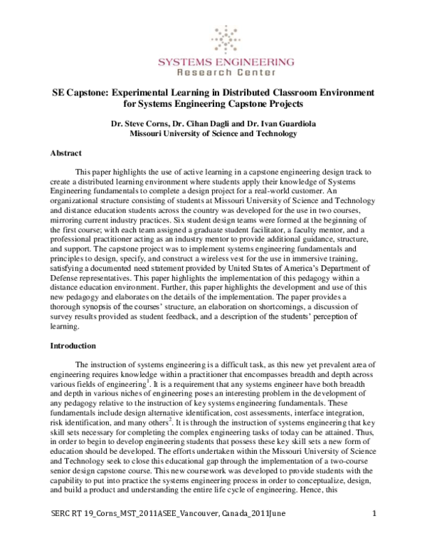 (PDF) SE Capstone: Experimental Learning in Distributed Classroom Environment for Systems ...
