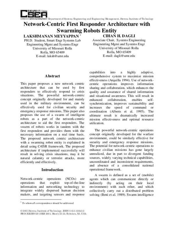 (PDF) Network-Centric First Responder Architecture with Swarming Robots ...