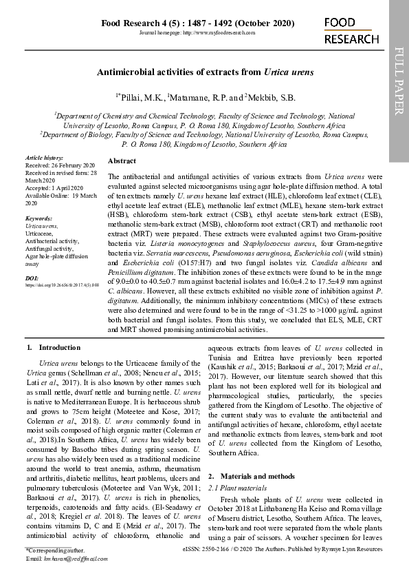 (PDF) Antimicrobial activities of extracts from Urtica urens