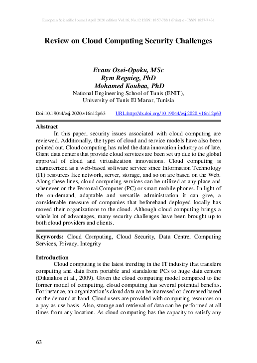 Pdf Review On Cloud Computing Security Challenges