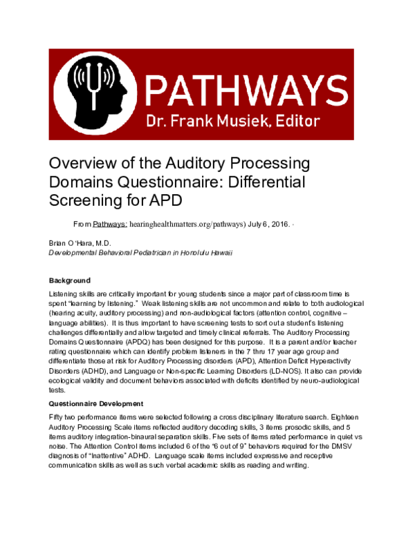 (DOC) Overview of the Auditory Processing Domains Questionnaire ...