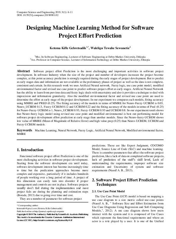 Pdf Designing Machine Learning Method For Software Project Effort Prediction