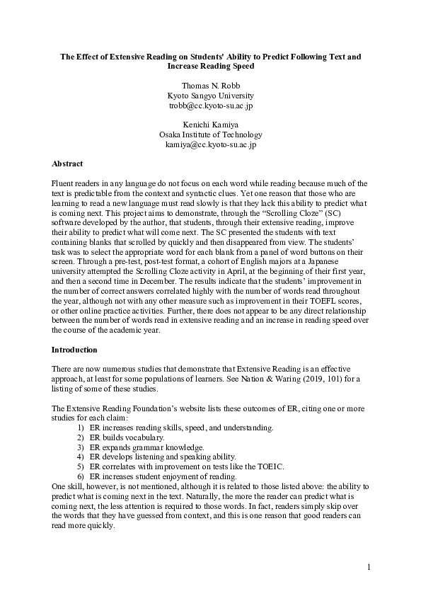 (PDF) The Effect of Extensive Reading on Students' Ability to Predict Following Text and ...