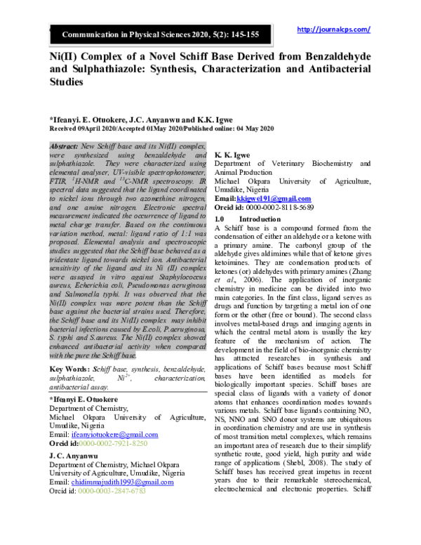 (PDF) Ni(II) Complex of a Novel Schiff Base Derived from Benzaldehyde ...