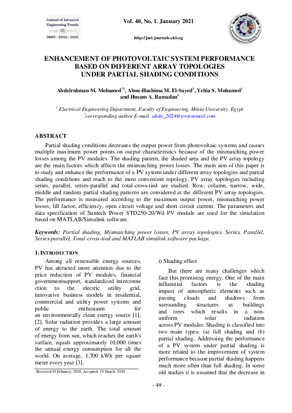(PDF) ENHANCEMENT OF PHOTOVOLTAIC SYSTEM PERFORMANCE BASED ON DIFFERENT ARRAY TOPOLOGIES UNDER ...