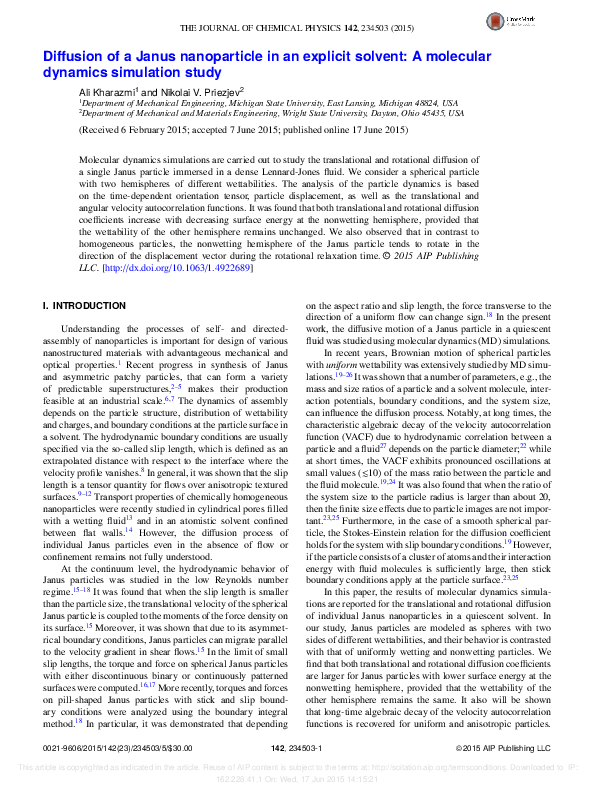 (PDF) Diffusion of a Janus nanoparticle in an explicit solvent: A molecular dynamics simulation ...