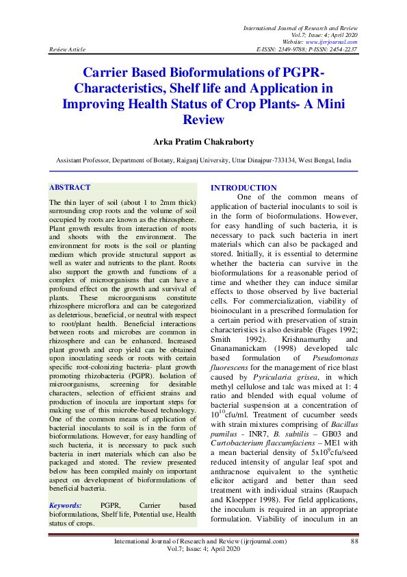 (PDF) Carrier Based Bioformulations of PGPR- Characteristics, Shelf ...