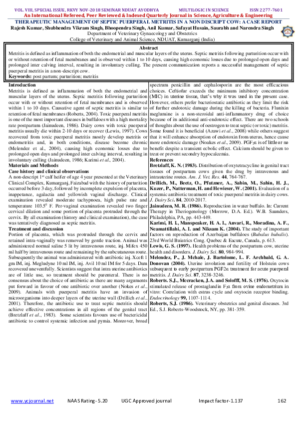 (PDF) THERAPEUTIC MANAGEMENT OF SEPTIC PUERPERAL METRITIS IN A NON ...