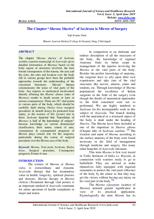 (PDF) The Chapter "Marma Sharira" of Sushruta is Mirror of Surgery