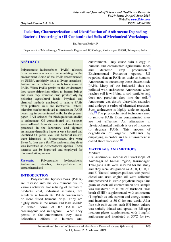 (PDF) Isolation, Characterization and Identification of Anthracene Degrading Bacteria Occurring ...