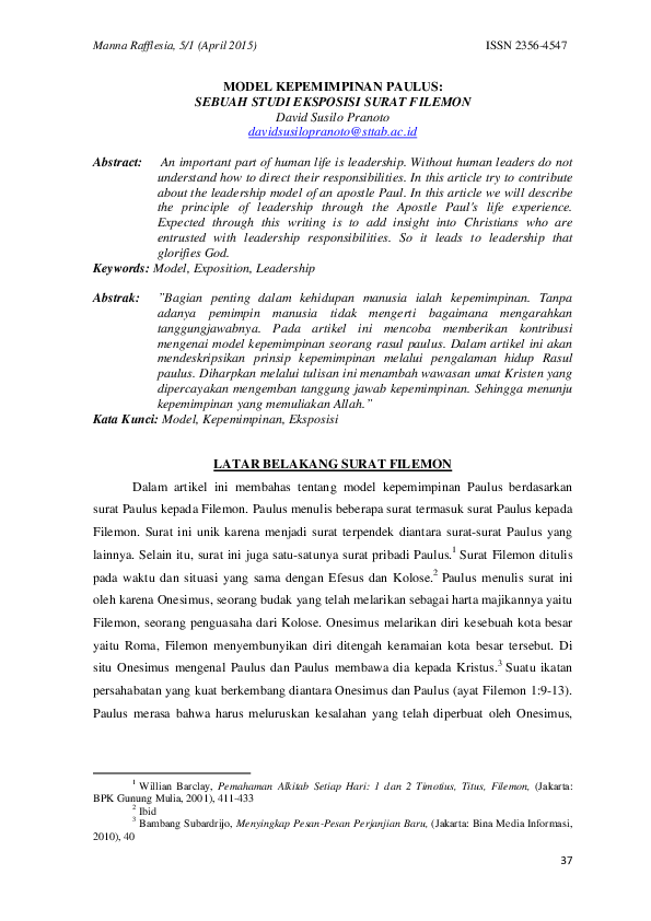 (PDF) MODEL KEPEMIMPINAN PAULUS: SEBUAH STUDI EKSPOSISI SURAT FILEMON