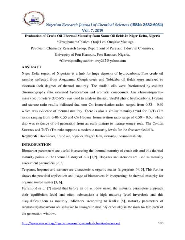 (PDF) Evaluation of Crude Oil Thermal Maturity from Some Oil fields in ...